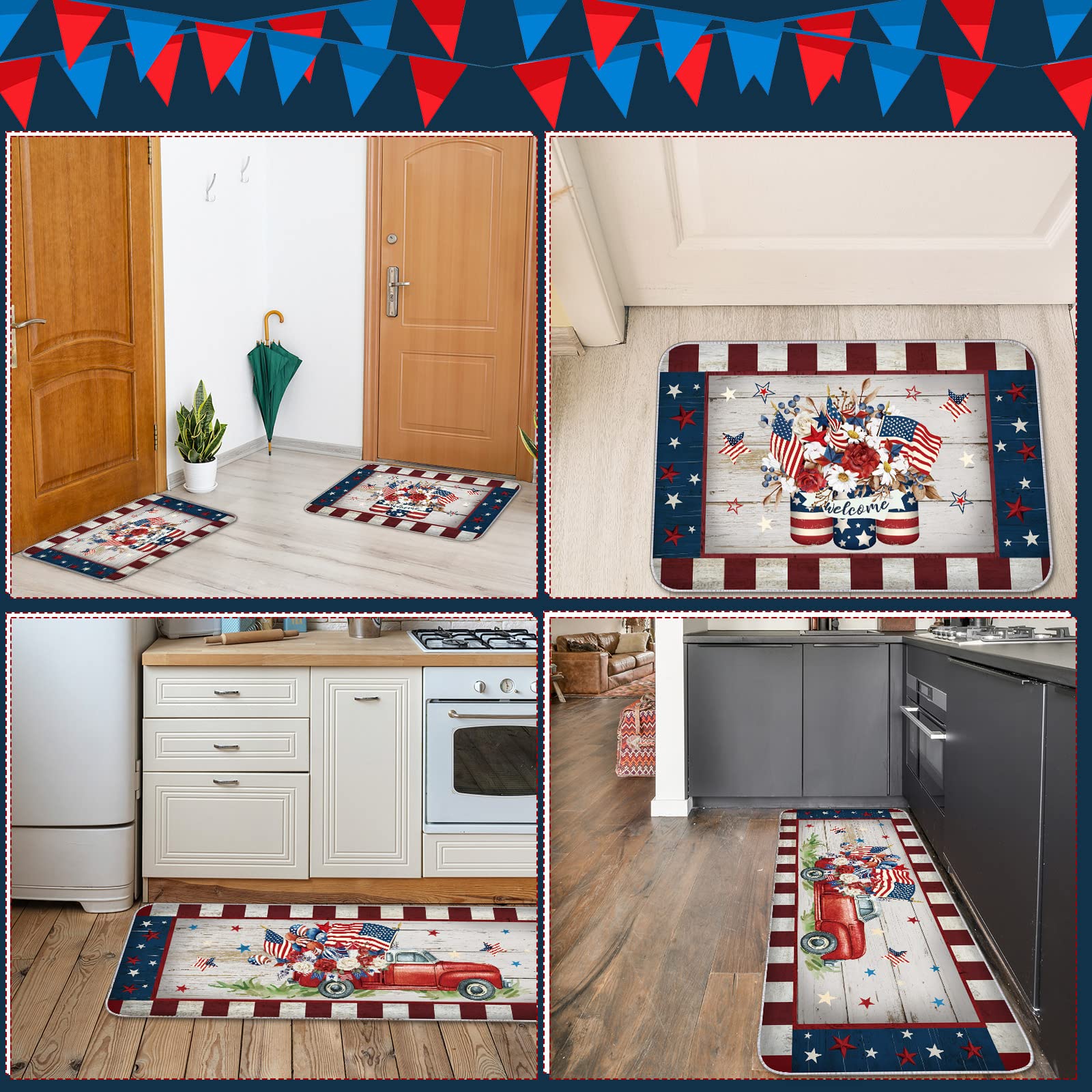 Suttmin 2 Pieces 4th of July Kitchen Rugs Patriotic Truck and Jar Mats Independence Day Rugs Memorial Day Red White Blue Floor Rug for Memorial Day Home Decor, 17 x 29 Inches, 17 x 47 Inches