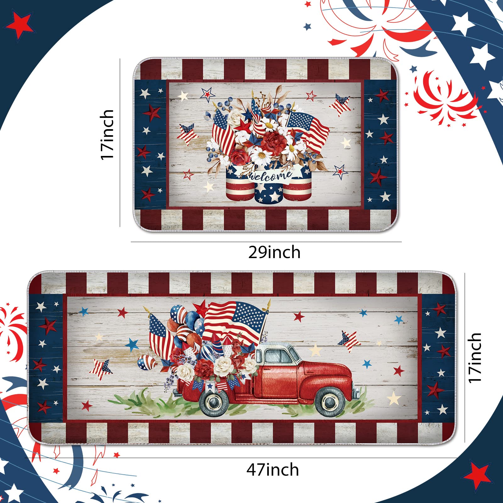 Suttmin 2 Pieces 4th of July Kitchen Rugs Patriotic Truck and Jar Mats Independence Day Rugs Memorial Day Red White Blue Floor Rug for Memorial Day Home Decor, 17 x 29 Inches, 17 x 47 Inches