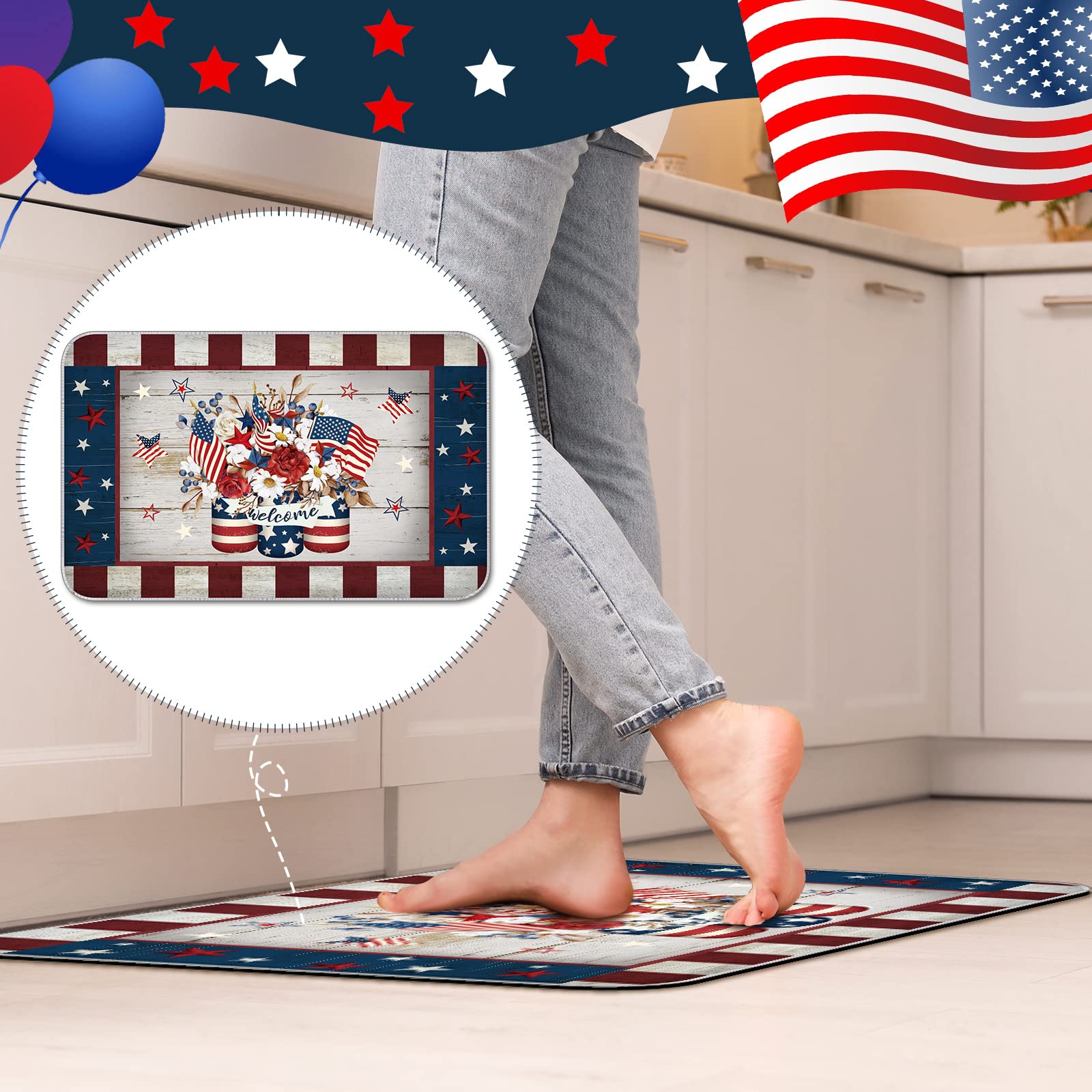 Suttmin 2 Pieces 4th of July Kitchen Rugs Patriotic Truck and Jar Mats Independence Day Rugs Memorial Day Red White Blue Floor Rug for Memorial Day Home Decor, 17 x 29 Inches, 17 x 47 Inches