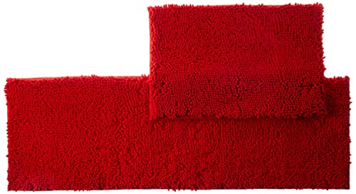 Red Rug for Kitchen Shaggy Chenille Rugs 2 Pieces Set Non Slip Washable Absorbent Runner Rug Set/Kitchen Rugs and Mats/Floor Mat/Entryway Rug/Bath Rug 24x 16 in + 47x 16 in