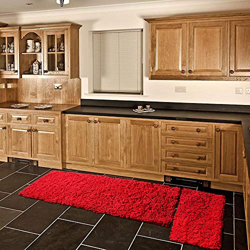 Red Rug for Kitchen Shaggy Chenille Rugs 2 Pieces Set Non Slip Washable Absorbent Runner Rug Set/Kitchen Rugs and Mats/Floor Mat/Entryway Rug/Bath Rug 24x 16 in + 47x 16 in