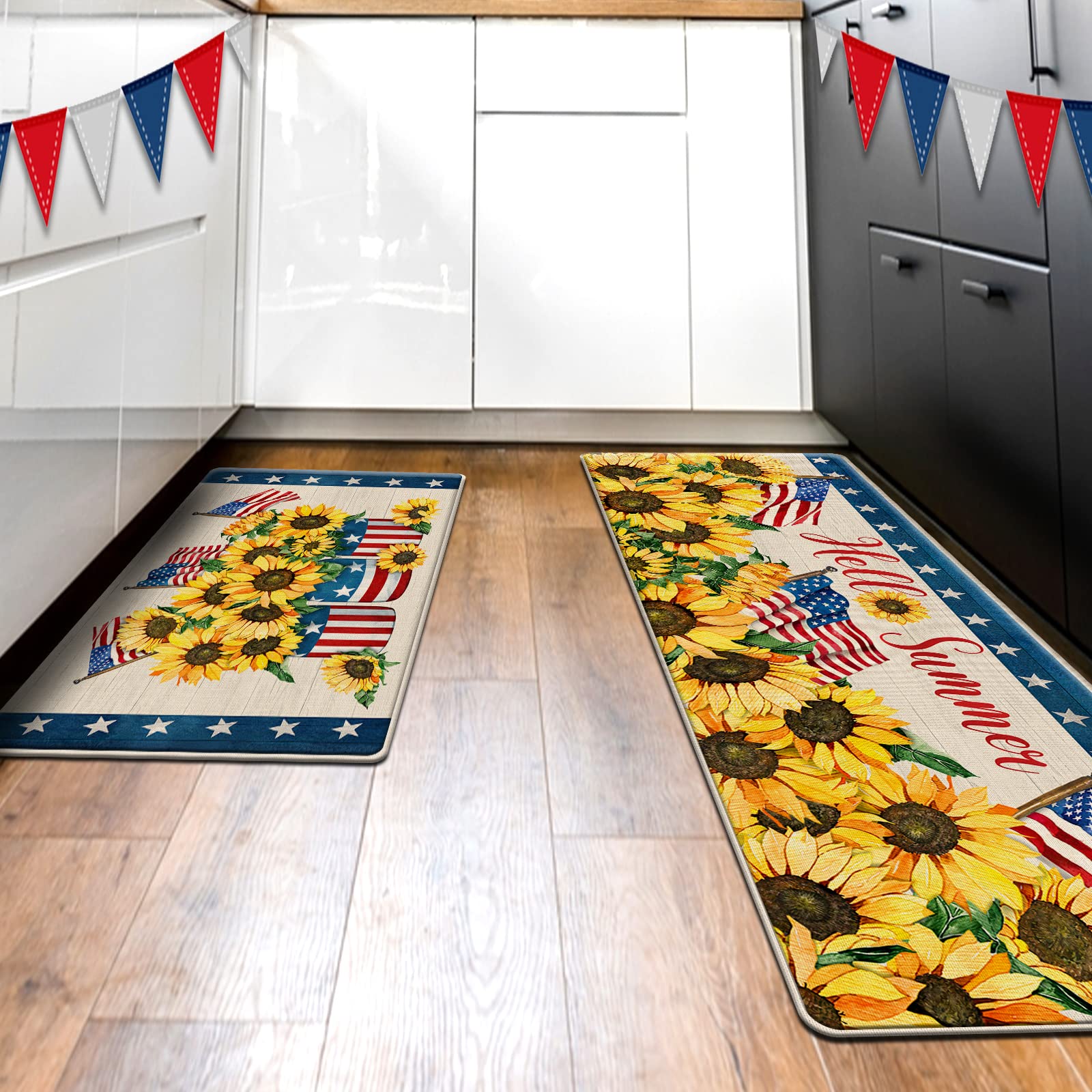 Tailus 4th of July Patriotic Fall Decorative Kitchen Rugs Set of 2, Sunflowers American Flag Mason Jar Autumn Kitchen Mat, USA Memorial Day Mat Hello Summer Home Decorations 17x29 and 17x47 Inch