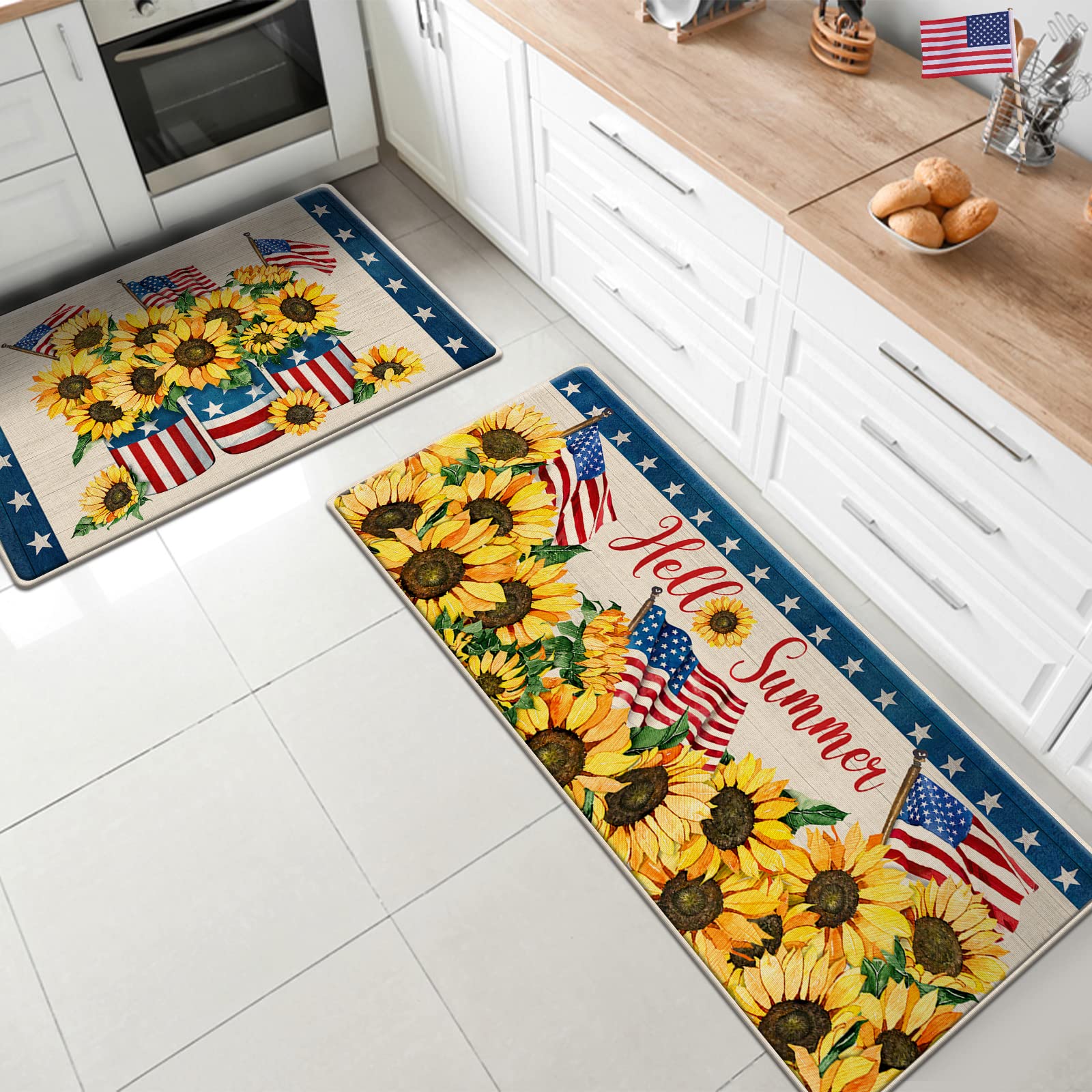 Tailus 4th of July Patriotic Fall Decorative Kitchen Rugs Set of 2, Sunflowers American Flag Mason Jar Autumn Kitchen Mat, USA Memorial Day Mat Hello Summer Home Decorations 17x29 and 17x47 Inch