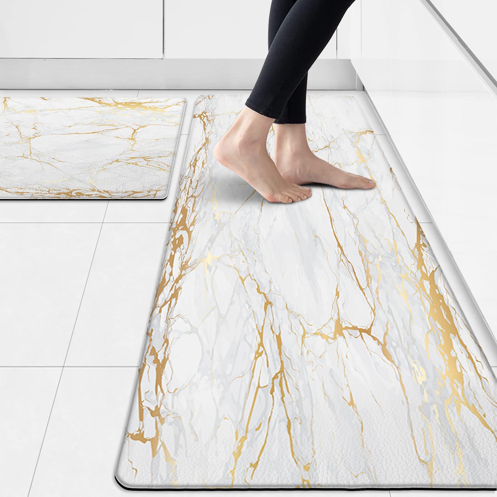 BAOERYAA Kitchen Mats and Rugs Anti Fatigue Cushioned Marble Kitchen Mat Non-Skid & Waterproof White and Gold Kitchen Accessories Comfort Standing Desk Mat Kitchen Mats for Floor Office, Sink, Laundry