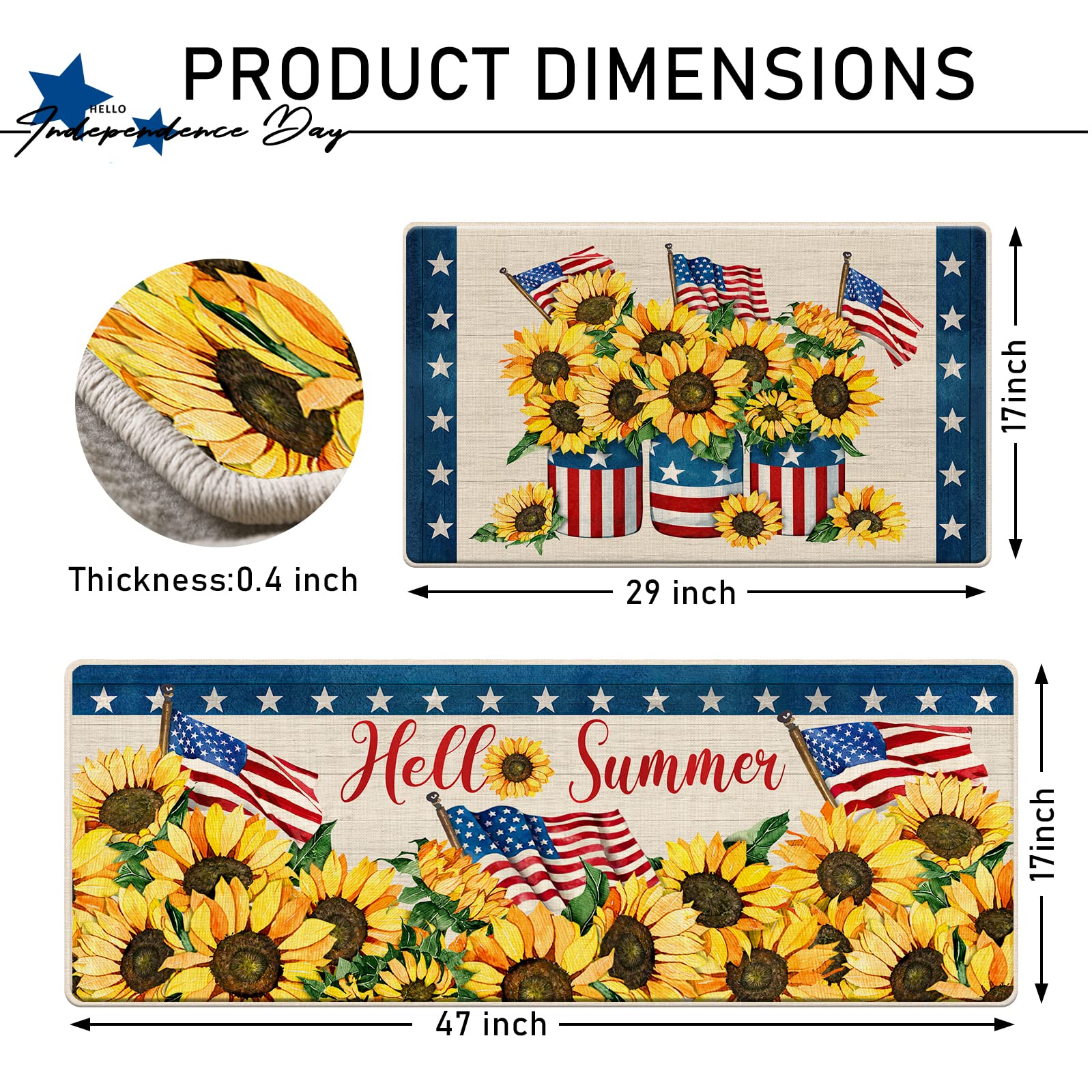 Tailus 4th of July Patriotic Fall Decorative Kitchen Rugs Set of 2, Sunflowers American Flag Mason Jar Autumn Kitchen Mat, USA Memorial Day Mat Hello Summer Home Decorations 17x29 and 17x47 Inch