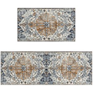 boho kitchen rugs and mats sets of 2, farmhouse bohemian vintage kitchen rug decoration,rubber backing non-slip absorbent mats for sink,washable and waterproof runner rug for laundry room