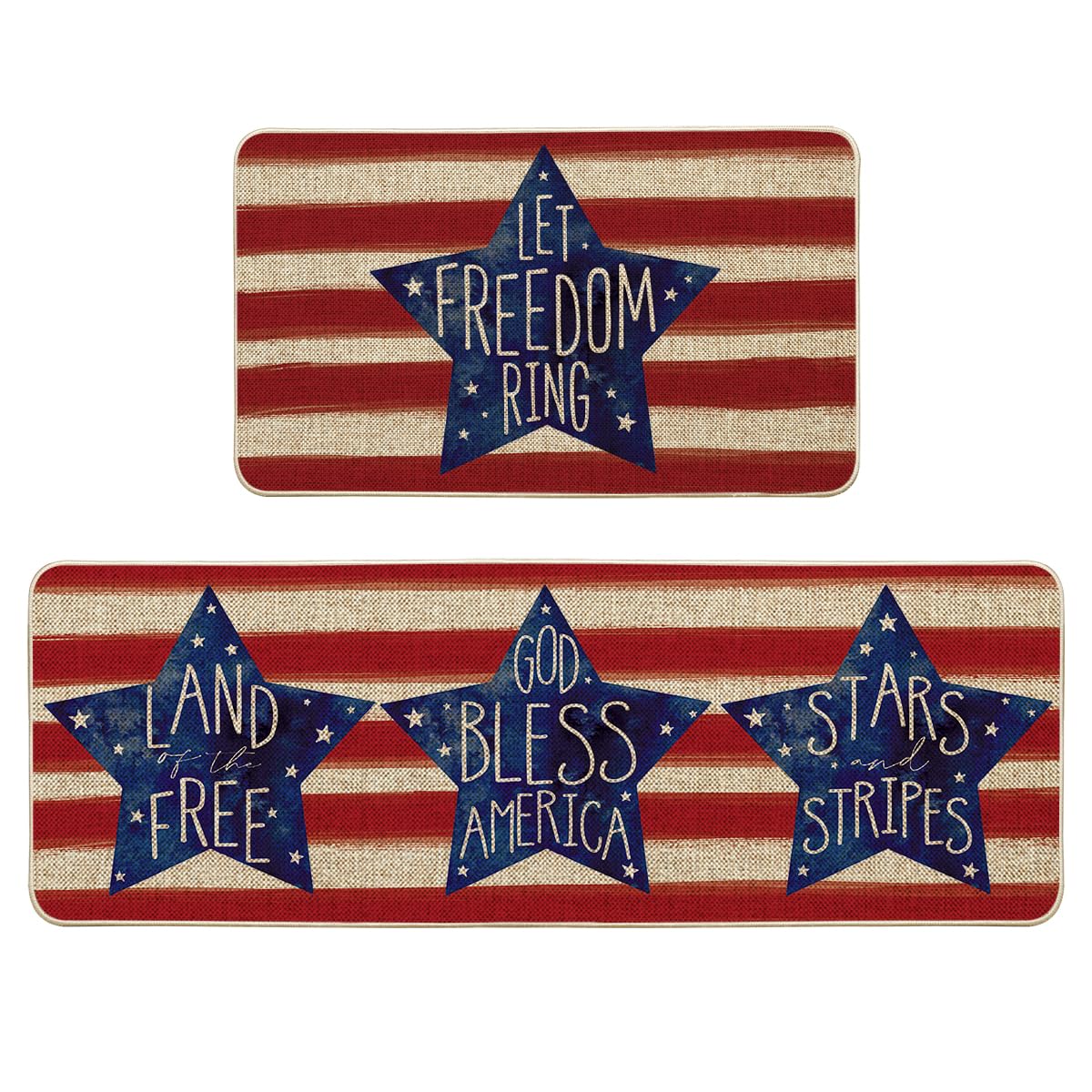 Artoid Mode Stripes Let Freedom Ring Kitchen Mats Set of 2, 4th of July Patriotic Liberty - 17x29 and 17x47 Inch