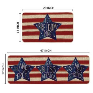 Artoid Mode Stripes Let Freedom Ring Kitchen Mats Set of 2, 4th of July Patriotic Liberty - 17x29 and 17x47 Inch