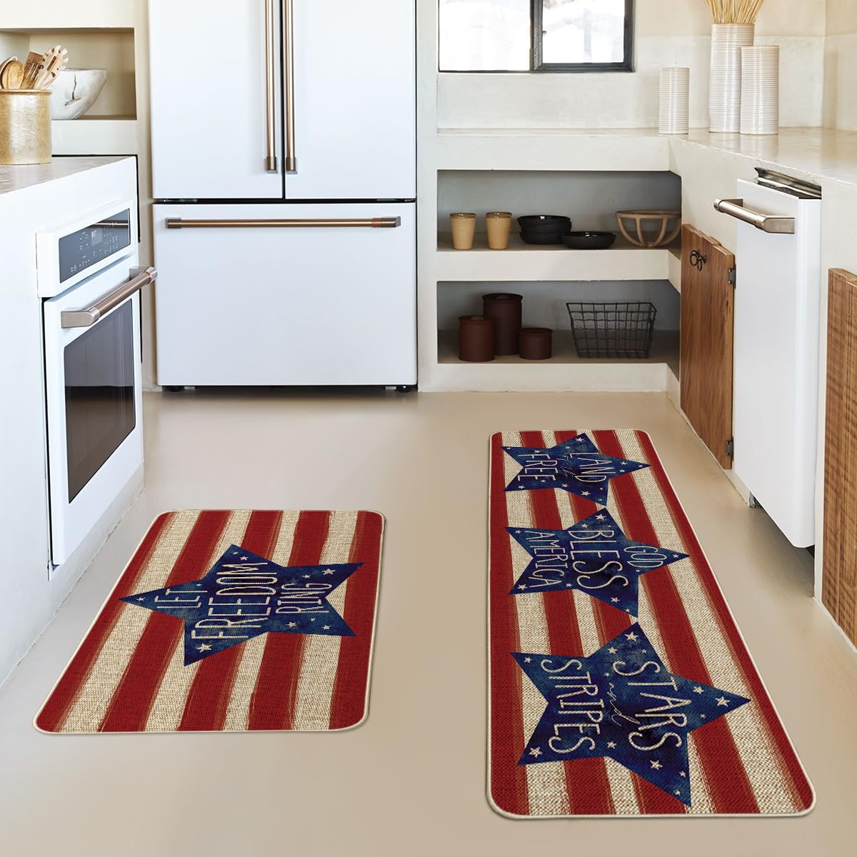 Artoid Mode Stripes Let Freedom Ring Kitchen Mats Set of 2, 4th of July Patriotic Liberty - 17x29 and 17x47 Inch