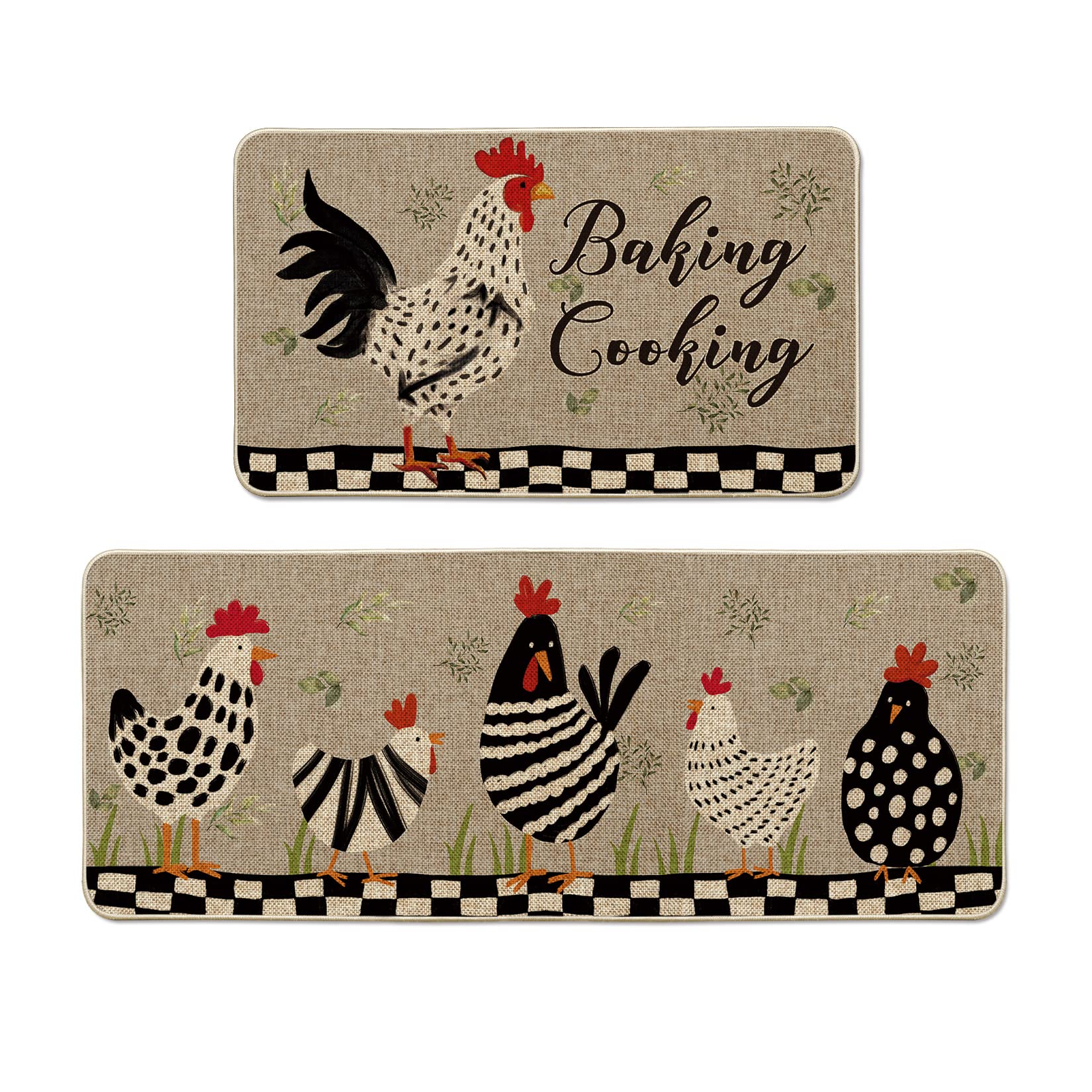 Artoid Mode Baking Cooking Chicken Rooster Kitchen Mats Set of 2, Home Decor Low-Profile Kitchen Rugs for Floor - 17x29 and 17x47 Inch