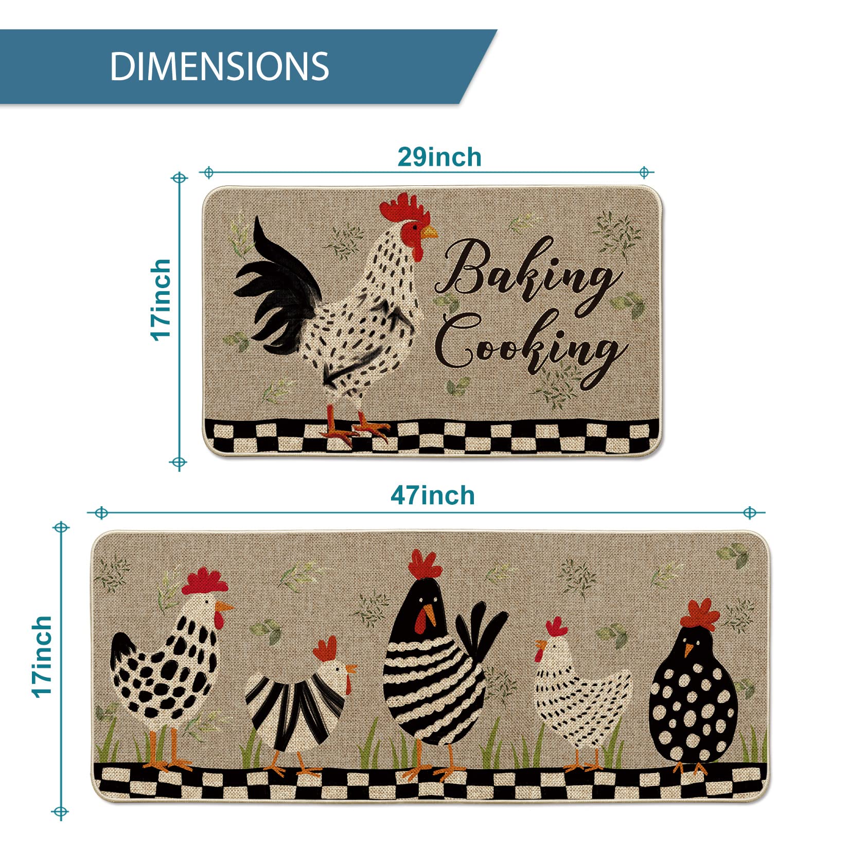 Artoid Mode Baking Cooking Chicken Rooster Kitchen Mats Set of 2, Home Decor Low-Profile Kitchen Rugs for Floor - 17x29 and 17x47 Inch