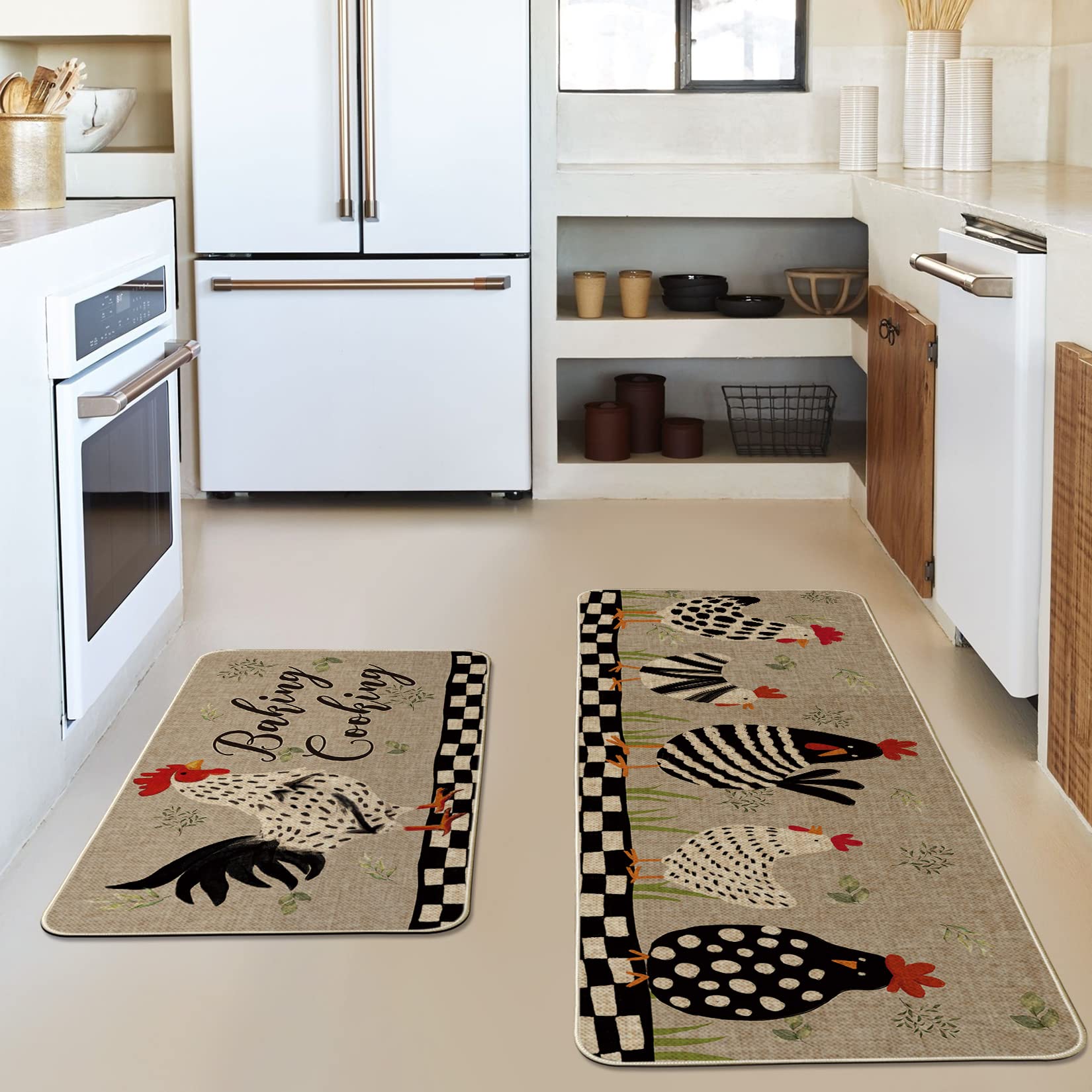 Artoid Mode Baking Cooking Chicken Rooster Kitchen Mats Set of 2, Home Decor Low-Profile Kitchen Rugs for Floor - 17x29 and 17x47 Inch