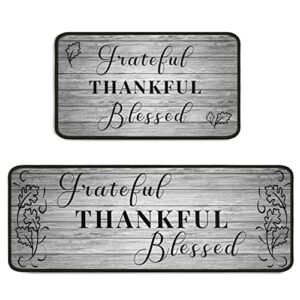 grateful thankful blessed kitchen rugs set of 2 grey non-slip kitchen rug and mat cushioned comfort kitchen standing rug for kitchen floor farmhouse thanksgiving decor 17"x47"+17"x30"