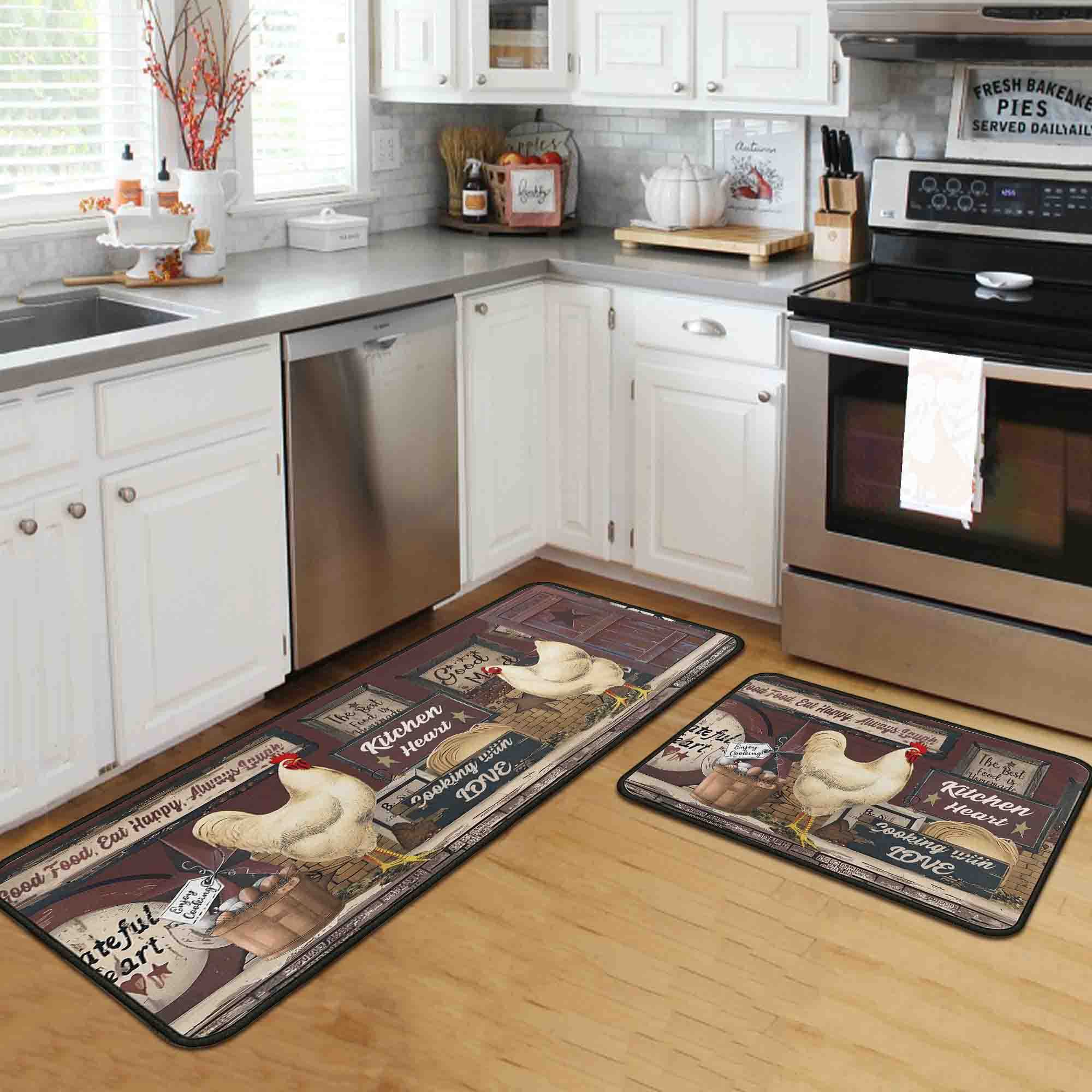 flippana Kitchen Rugs Farmhouse Style for Floor, Rooster Kitchen Rug, Non-Slip Backing Kitchen Mat Set of 2 Washable Kitchen Rug Sets with Runner for Home Kitchen 17"x47.2"+17"x30"