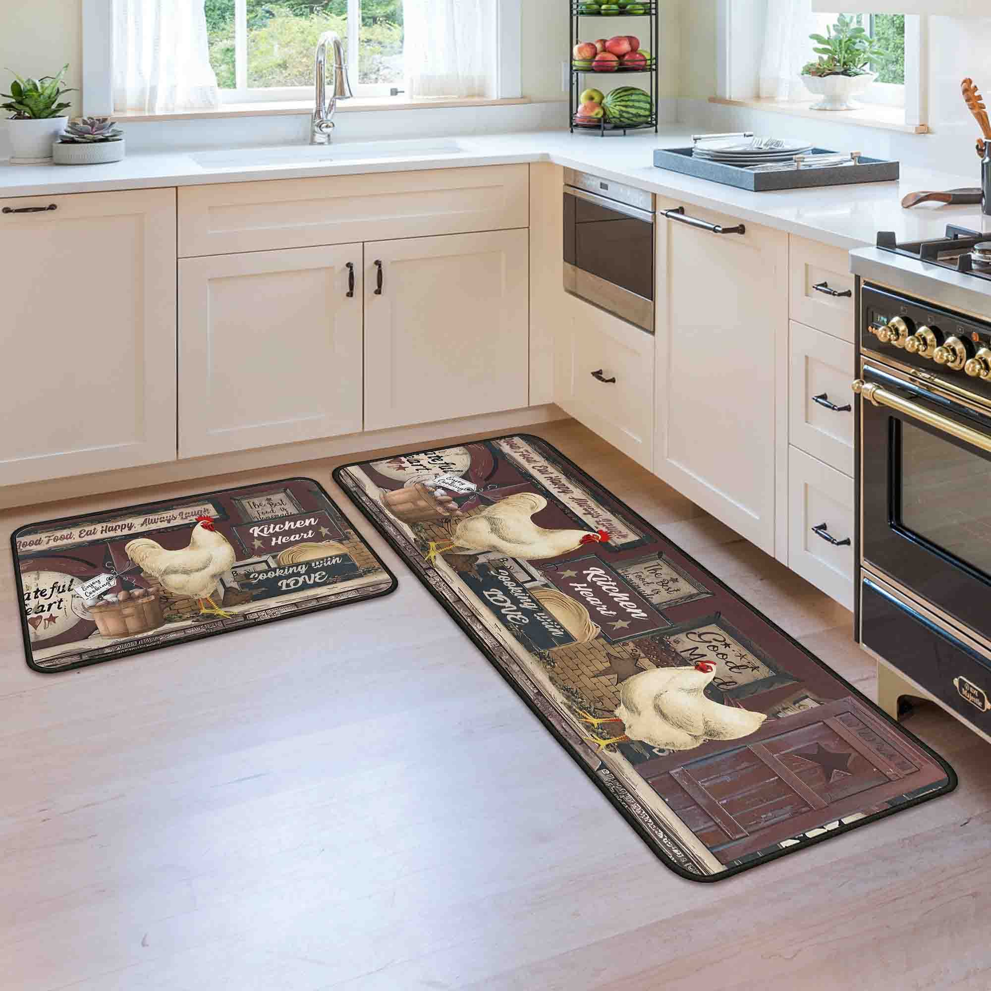 flippana Kitchen Rugs Farmhouse Style for Floor, Rooster Kitchen Rug, Non-Slip Backing Kitchen Mat Set of 2 Washable Kitchen Rug Sets with Runner for Home Kitchen 17"x47.2"+17"x30"