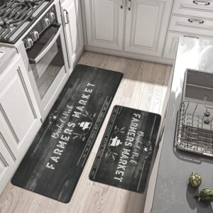 Falflor Farmhouse Kitchen Rug and Mats 2 PCS Cushioned Anti Fatigue Floor Mats Set Non Slip Heavy Duty Comfort Standing Mats for Kitchen Sink Office Standing Desk(Black)