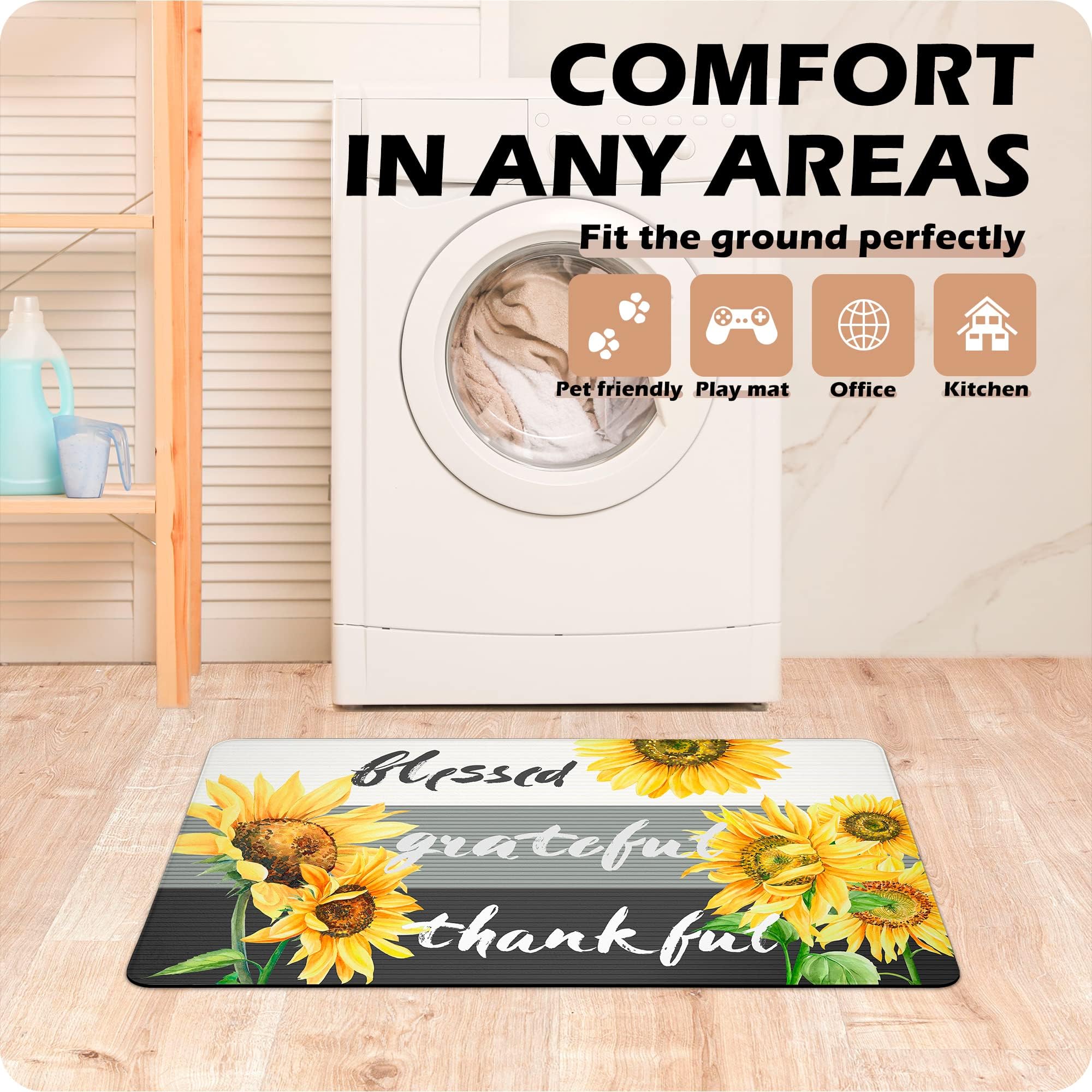 chiinvent Sunflower Kitchen Rugs Set of 2, Sunflower Decor Cushioned Anti Fatigue Comfort Kitchen Mat for Home & Office Doormat, Farmhouse Waterproof Non-Skid Kitchen Mats, 17.3"x28"+17.3"x47"