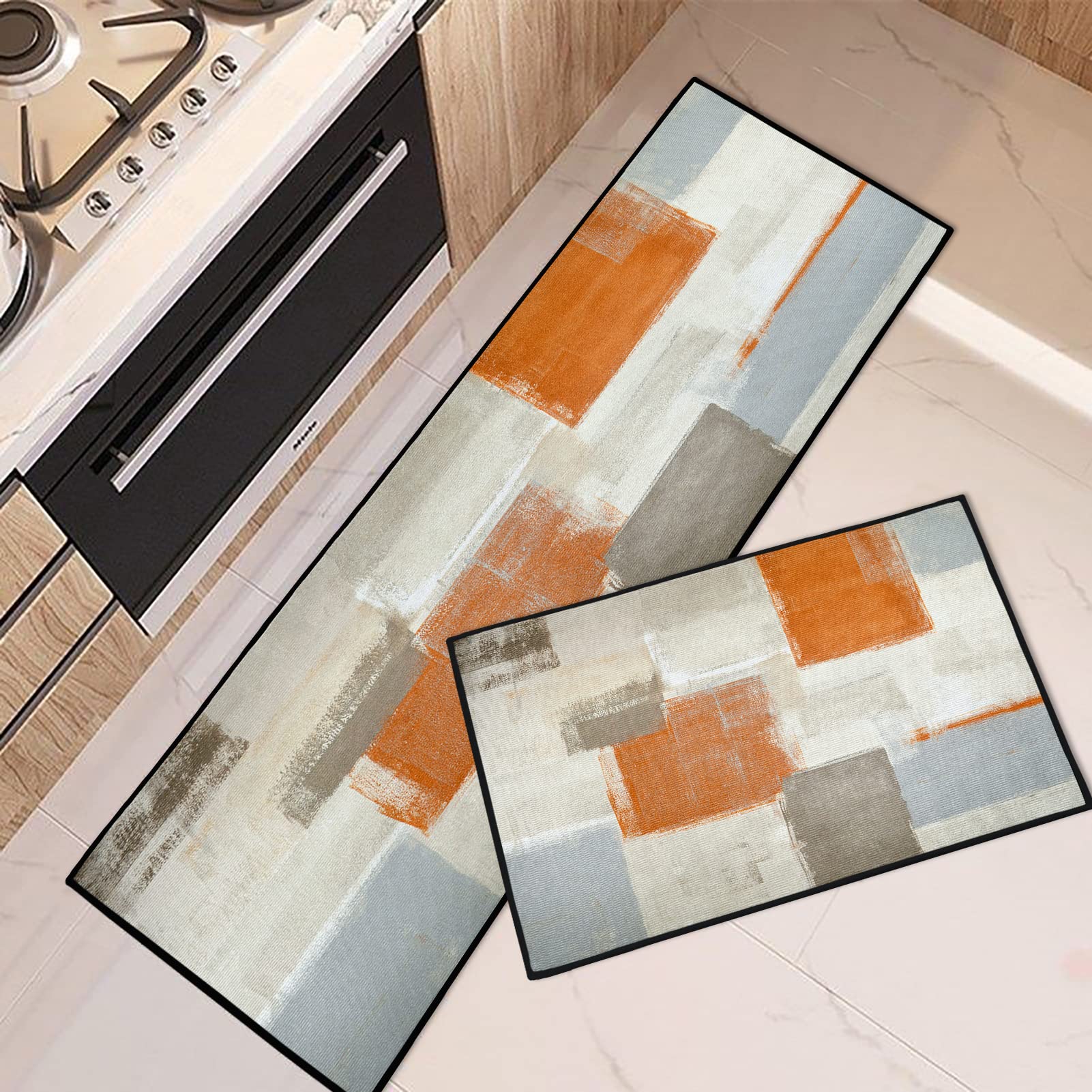 Tayney Orange Abstract Kitchen Rugs and Mats Non Skid Washable Set of 2, Beige Contemporary Painting Art Kitchen Runner Rug, Modern Brown Grey Under Sink Mats for Kitchen Floor Decor