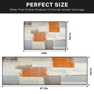 Tayney Orange Abstract Kitchen Rugs and Mats Non Skid Washable Set of 2, Beige Contemporary Painting Art Kitchen Runner Rug, Modern Brown Grey Under Sink Mats for Kitchen Floor Decor