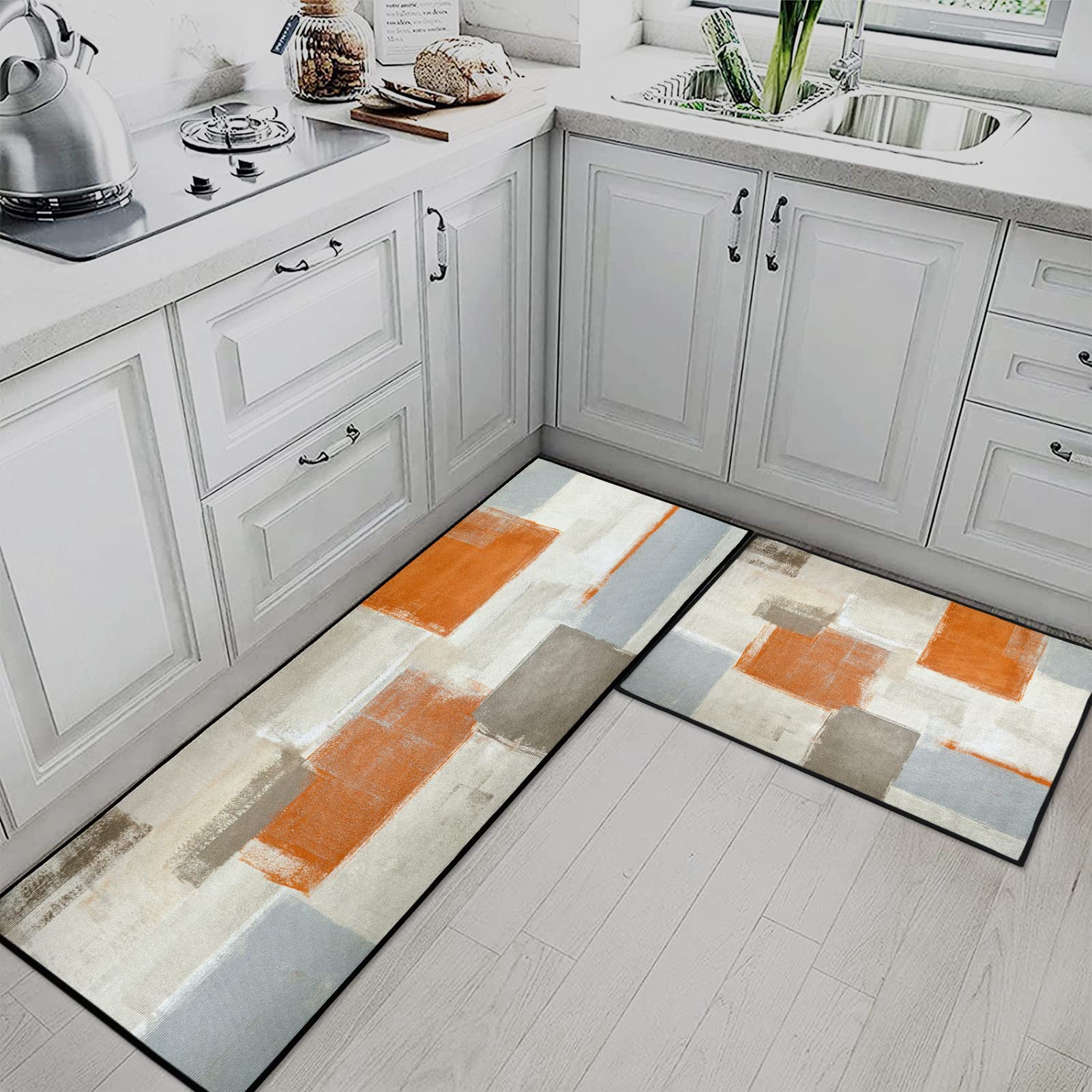 Tayney Orange Abstract Kitchen Rugs and Mats Non Skid Washable Set of 2, Beige Contemporary Painting Art Kitchen Runner Rug, Modern Brown Grey Under Sink Mats for Kitchen Floor Decor