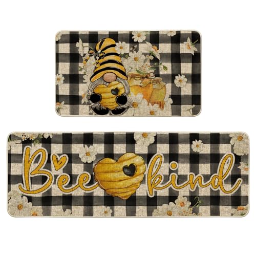 Artoid Mode Buffalo Plaid Gnome Bee Kind Honey Summer Kitchen Mats Set of 2, Daisy Spring Home Decor Low-Profile Kitchen Rugs for Floor - 17x29 and 17x47 Inch