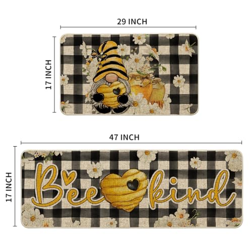 Artoid Mode Buffalo Plaid Gnome Bee Kind Honey Summer Kitchen Mats Set of 2, Daisy Spring Home Decor Low-Profile Kitchen Rugs for Floor - 17x29 and 17x47 Inch