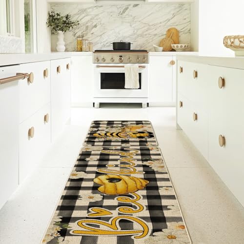 Artoid Mode Buffalo Plaid Gnome Bee Kind Honey Summer Kitchen Mats Set of 2, Daisy Spring Home Decor Low-Profile Kitchen Rugs for Floor - 17x29 and 17x47 Inch