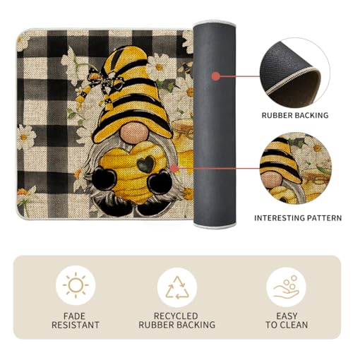 Artoid Mode Buffalo Plaid Gnome Bee Kind Honey Summer Kitchen Mats Set of 2, Daisy Spring Home Decor Low-Profile Kitchen Rugs for Floor - 17x29 and 17x47 Inch