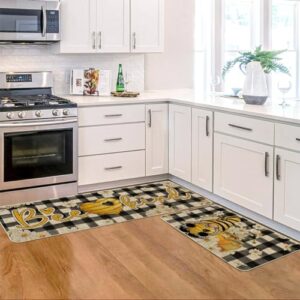 Artoid Mode Buffalo Plaid Gnome Bee Kind Honey Summer Kitchen Mats Set of 2, Daisy Spring Home Decor Low-Profile Kitchen Rugs for Floor - 17x29 and 17x47 Inch