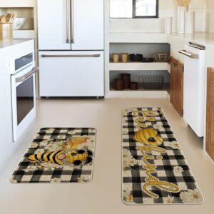 Artoid Mode Buffalo Plaid Gnome Bee Kind Honey Summer Kitchen Mats Set of 2, Daisy Spring Home Decor Low-Profile Kitchen Rugs for Floor - 17x29 and 17x47 Inch