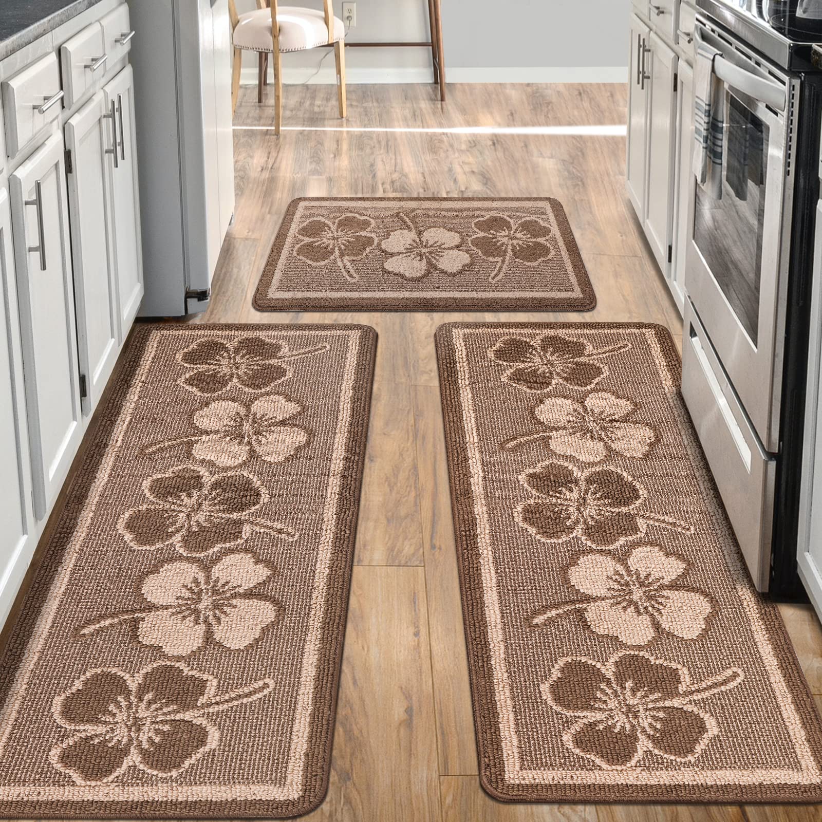 Kitchen Rugs Sets 3 PCS Non Slip Kitchen mats for Floor,Washable Kitchen Runner Rug,Super Absorbent Kitchen mats for Kitchen,Bathroom,Floor,Office,Sink(Brown,19.7"x47.2"+19.7"x31.5"+19.7" x 59")