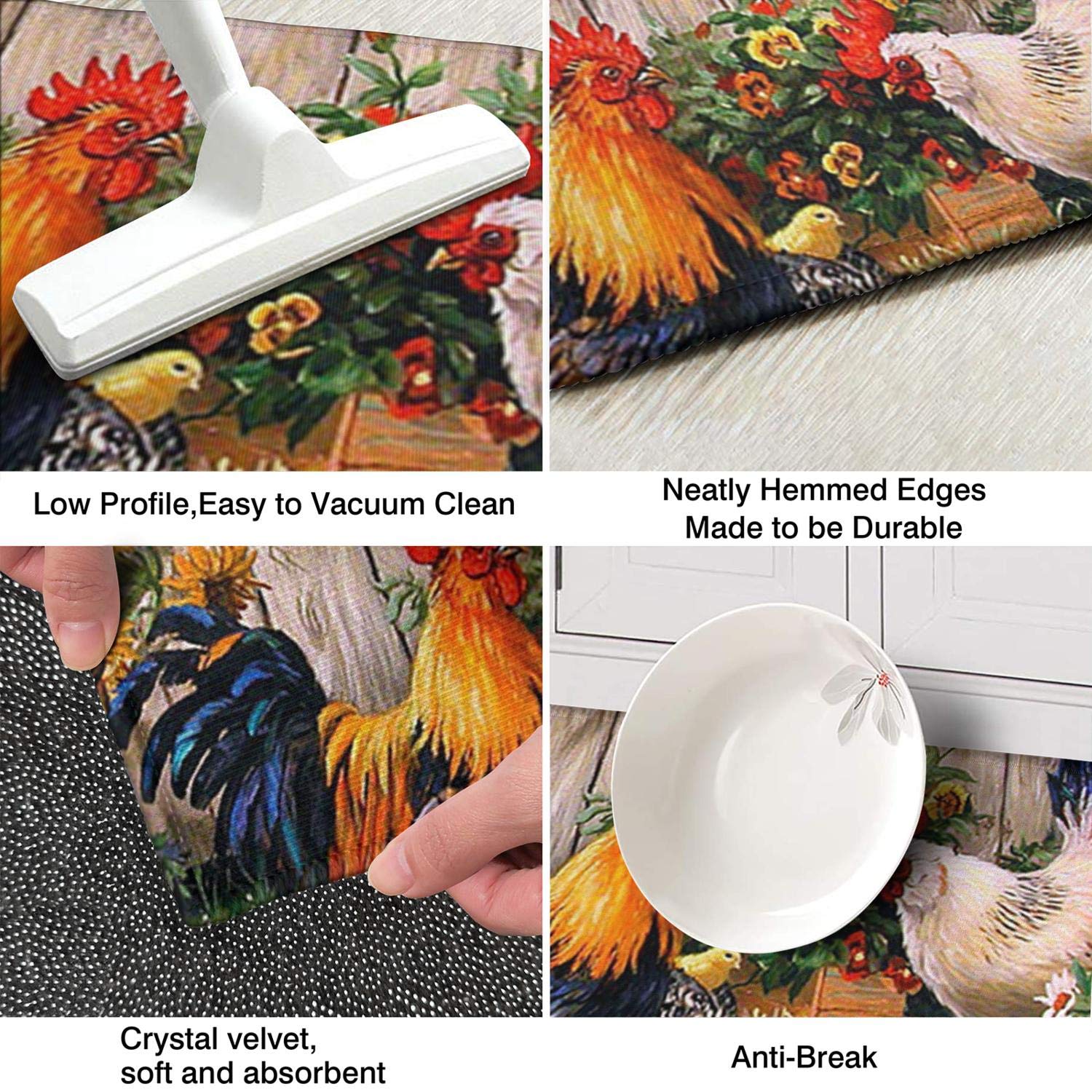 JBHANI 2 Pieces Ergonomics Rooster Hen Chicks Kitchen Rugs and Mat Microfiber Cushioned Non-Slip Kitchen Rugs and Mats Used for Floor Home