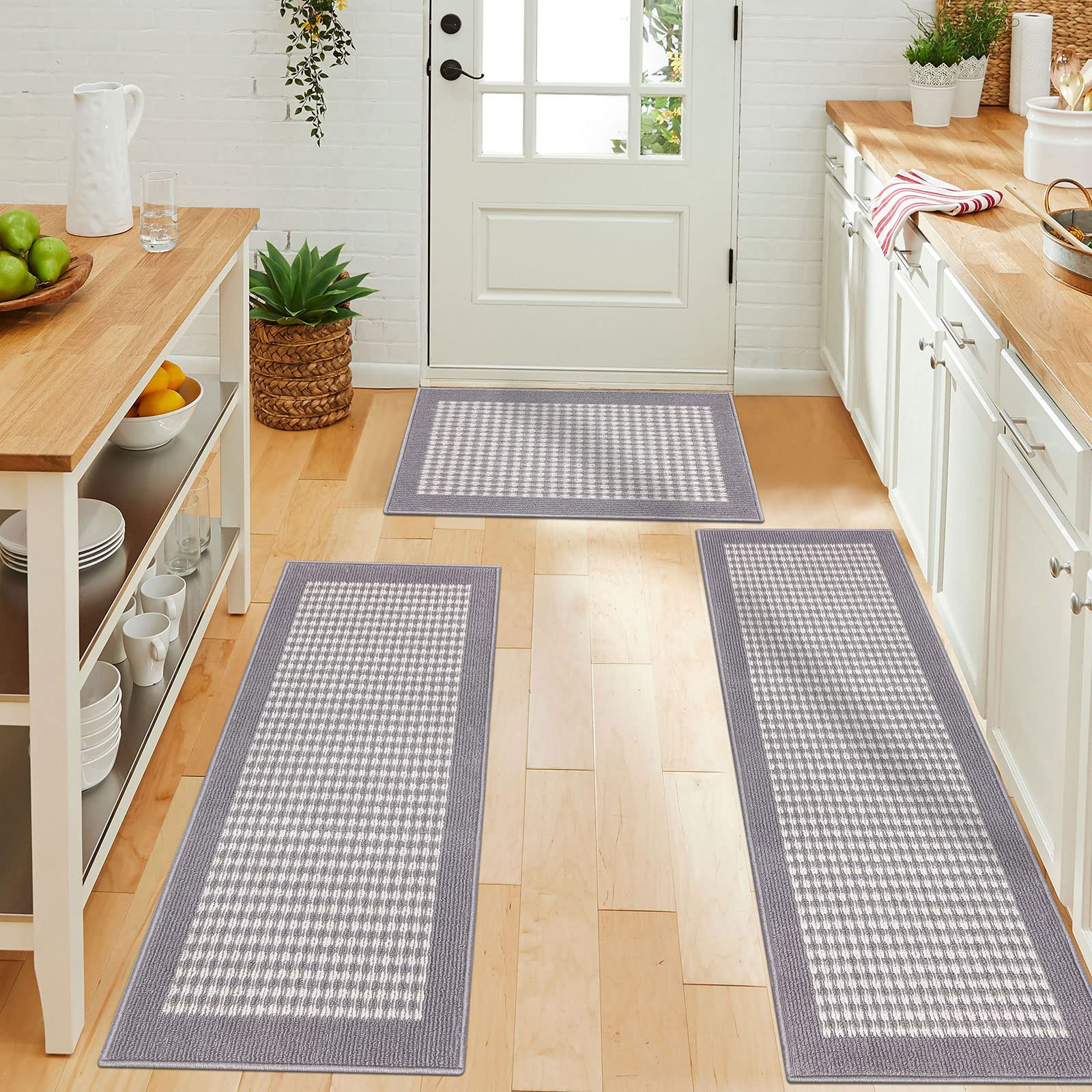 Ileading Kitchen Mat Sets 3 Piece Water Absorbent Kitchen Floor Rugs Non Slip Entrance Runner Rugs Farmhouse Laundry Throw mats Machine Washable Carpet Sets for Indoormat Balcony Garage(Grey)