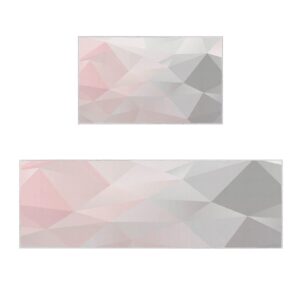 kitchen mat set 2 piece kitchen rugs, pink grey gradient geometric triangle, soft waterproof non-slip rubber backing floor mats doormat bathroom runner area rug carpet, 15.7x23.6in + 15.7x47.2in