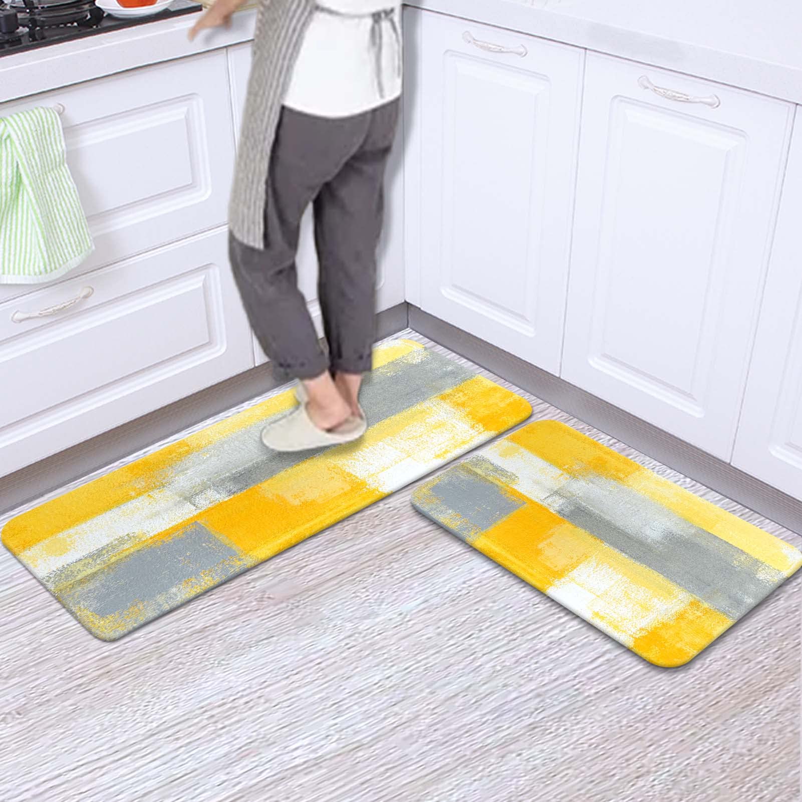 Lnond Kitchen Mat Set of 3 with Dish Drying Mat, Yellow Washable Cushioned Kitchen Rugs and Mats, Rubber Non Skid Kitchen Mats for Floor for Kitchen Laundry Room Front of Sink