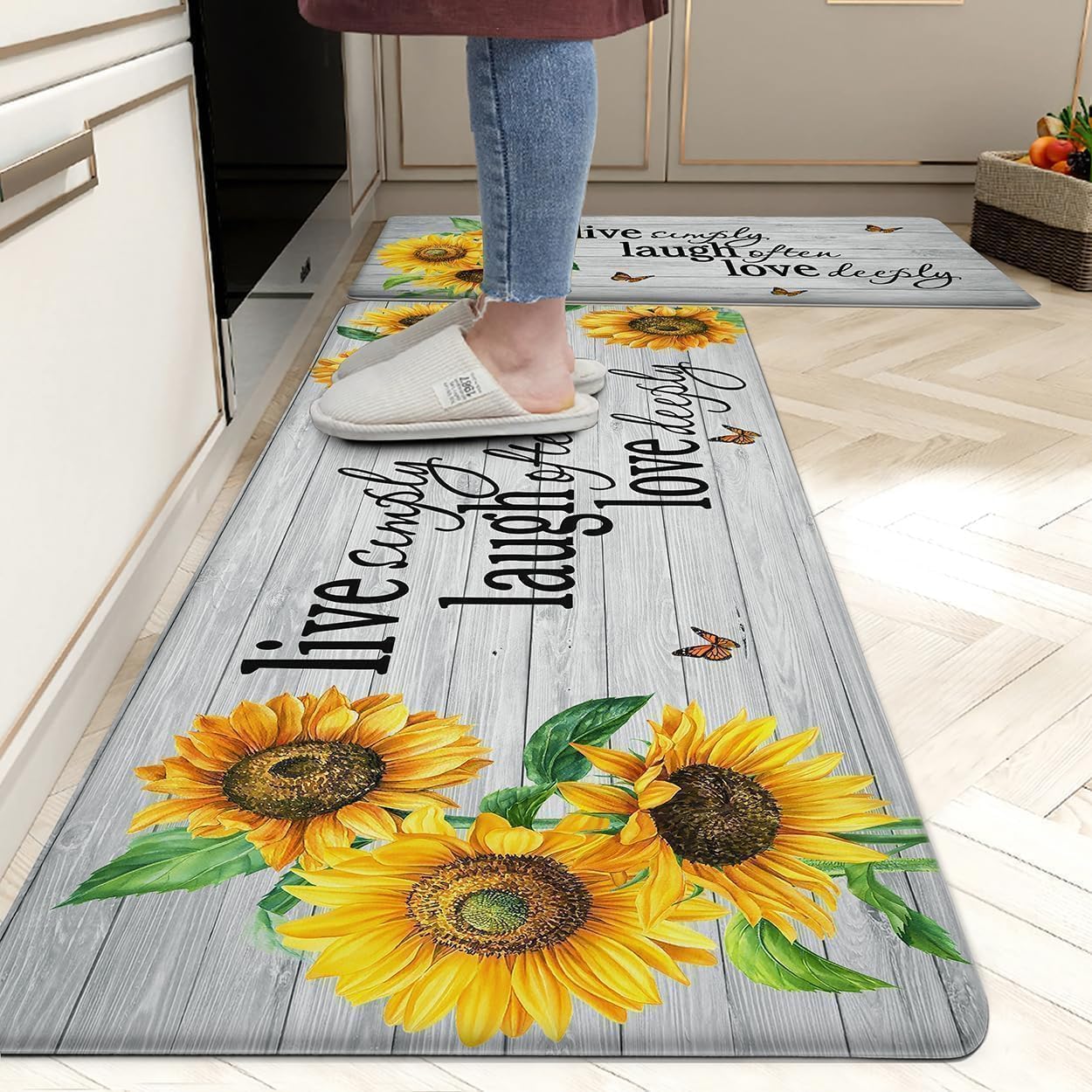 chiinvent Sunflower Farmhouse Kitchen Rugs 0.4 Inch Thick Anti Fatigue Cushioned Kitchen Mat Set of 2 Non Skid Washable Memory Foam Kitchen Mats for Standing, Laundry, Office, 17.3x28+17.3x47 Inch