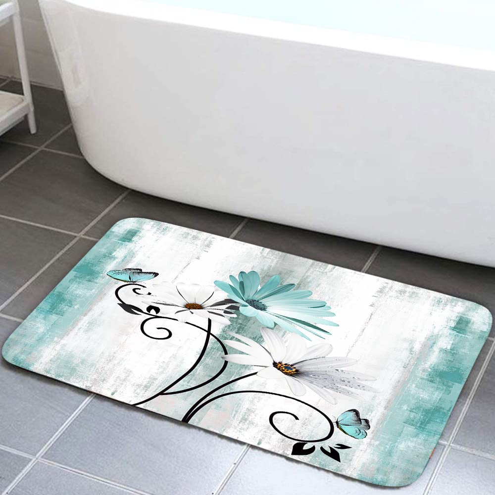 Rustic Farmhouse Bath Rug, Farm Teal Daisy Floral Flowers and Butterfly on Country Wooden Bath Mat Turquoise Blue Kitchen Rug Floor Mat Soft Non Slip Runner Carpet Indoor Doormat (17X29)