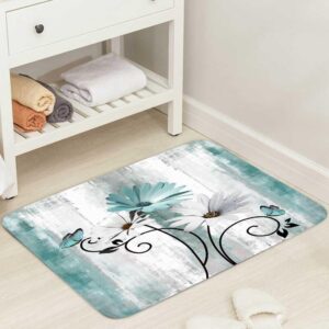 Rustic Farmhouse Bath Rug, Farm Teal Daisy Floral Flowers and Butterfly on Country Wooden Bath Mat Turquoise Blue Kitchen Rug Floor Mat Soft Non Slip Runner Carpet Indoor Doormat (17X29)