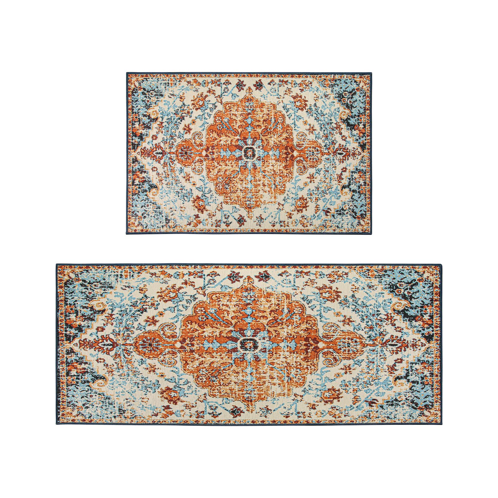 Lahome Bohemian Thin Kitchen Rug Set of 2, Stain Resistant Kitchen Rug and Mat Non Skid Washable Standing Mat Waterproof Floral Sink Rug for Kitchen Floor, 20X30+20X47