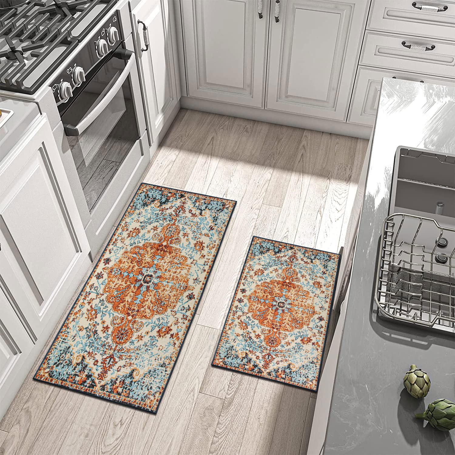 Lahome Bohemian Thin Kitchen Rug Set of 2, Stain Resistant Kitchen Rug and Mat Non Skid Washable Standing Mat Waterproof Floral Sink Rug for Kitchen Floor, 20X30+20X47