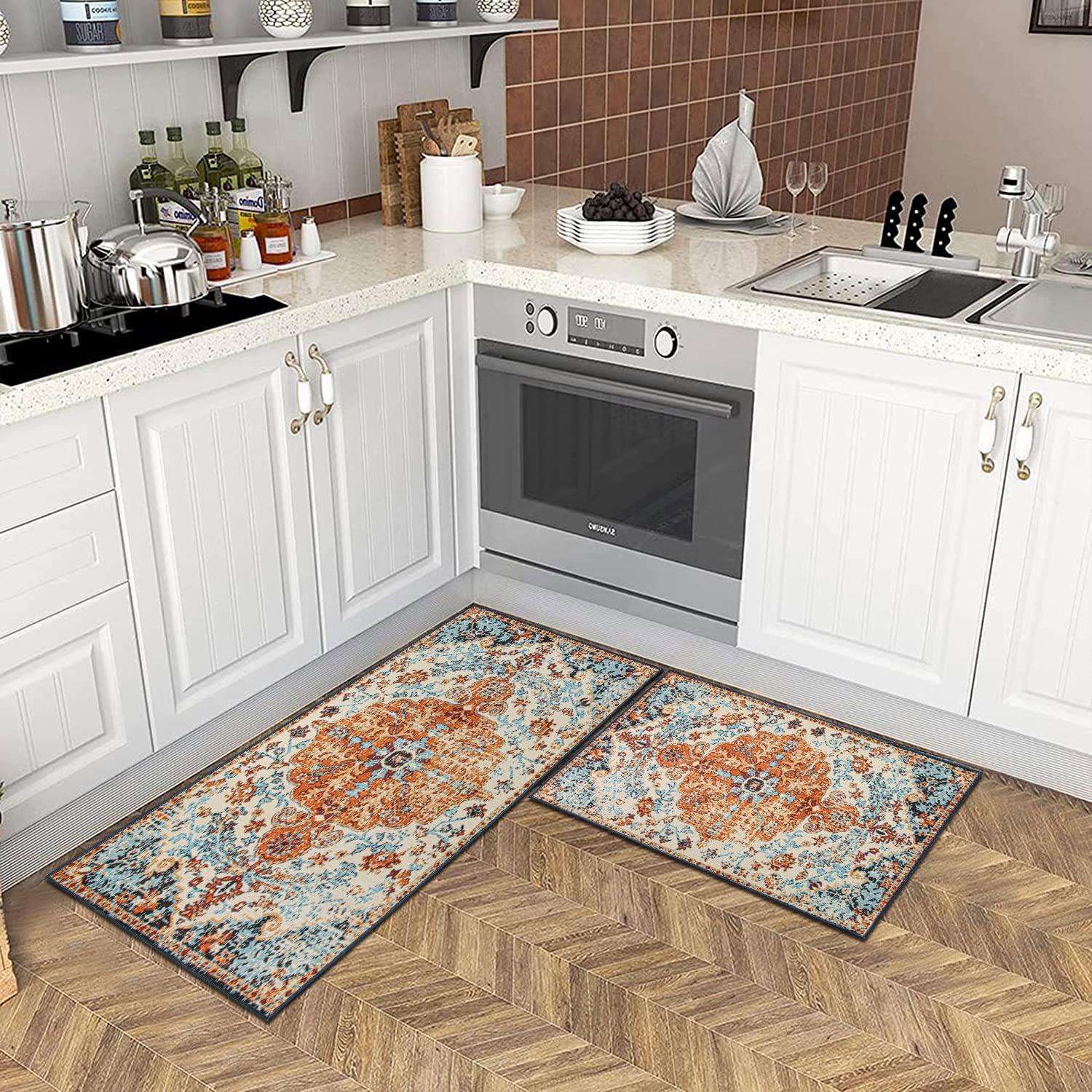 Lahome Bohemian Thin Kitchen Rug Set of 2, Stain Resistant Kitchen Rug and Mat Non Skid Washable Standing Mat Waterproof Floral Sink Rug for Kitchen Floor, 20X30+20X47