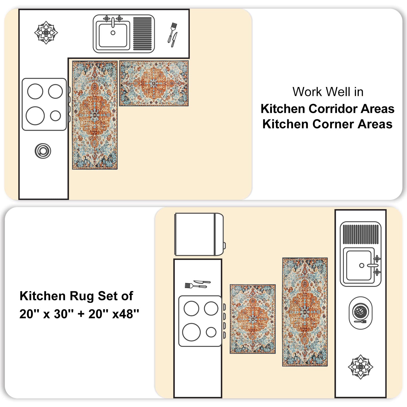 Lahome Bohemian Thin Kitchen Rug Set of 2, Stain Resistant Kitchen Rug and Mat Non Skid Washable Standing Mat Waterproof Floral Sink Rug for Kitchen Floor, 20X30+20X47