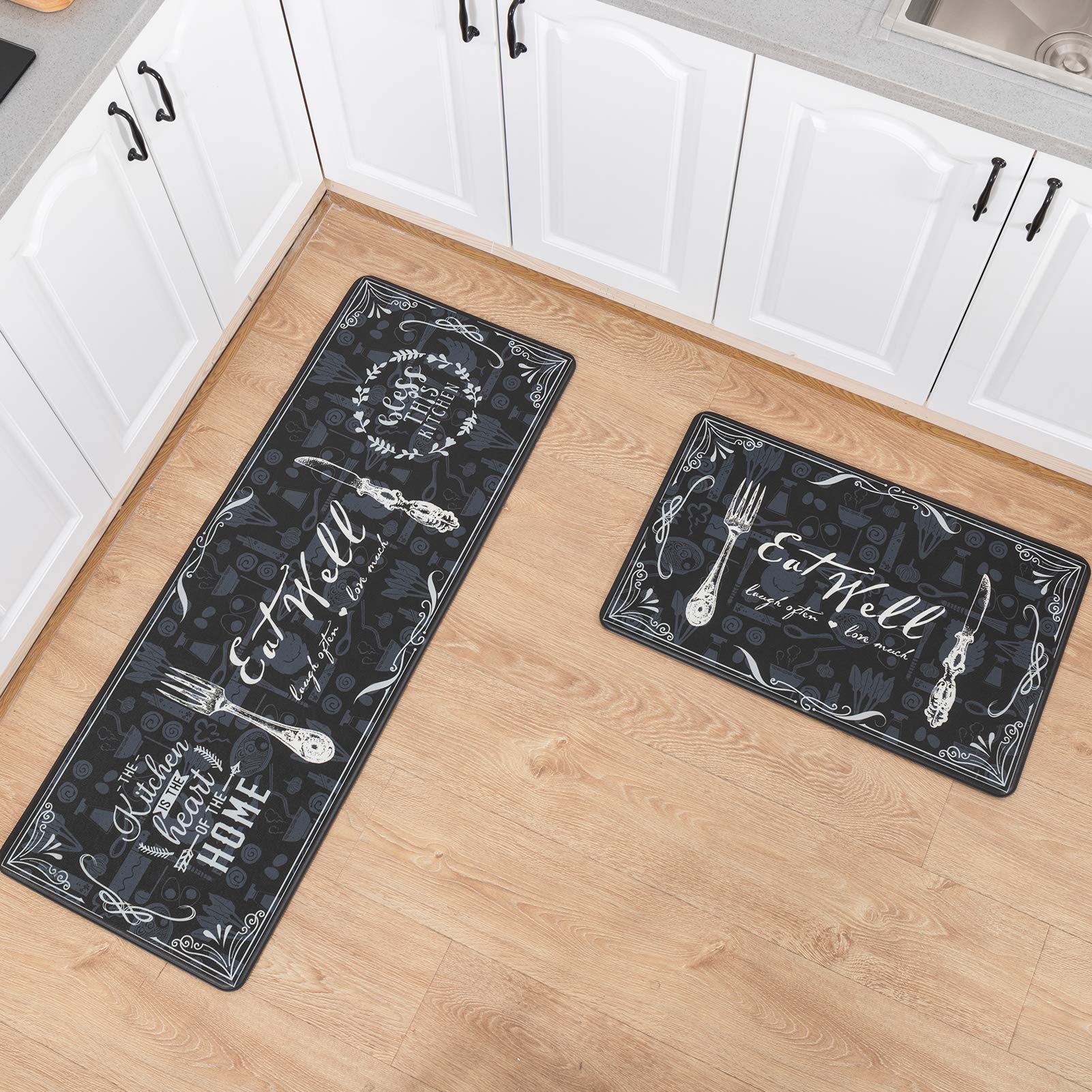 Asrug Anti Fatigue Comfort Kitchen Standing Desk Mat Decorative Ergonomic Floor Pad Kitchen Rug Waterproof Stain Resistance Non Slip Kitchen Set, 17.3''x27.6''+17.3''x47.2'', Eat Well