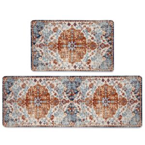 chiinvent boho kitchen rugs set of 2 anti-fatigue 0.4 inch thick farmhouse vintage bohemian kitchen floor mats non slip waterproof comfort pvc mat decor for sink laundry 17.3 x 28+17.3 x 47 inch