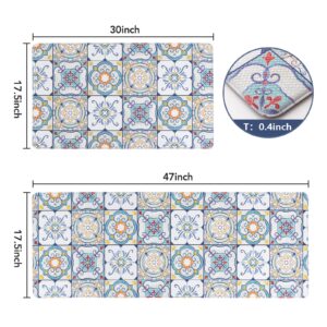 QUILTINA Kitchen Mats Cushioned Anti-Fatigue (2 PCS), Waterproof Non-Slip & Stain Resistant Kitchen Rug, 0.47'' Thick PVC Ergonomic Comfort Foam Rugs for Floor Home, Blue Flower Tile Pattern