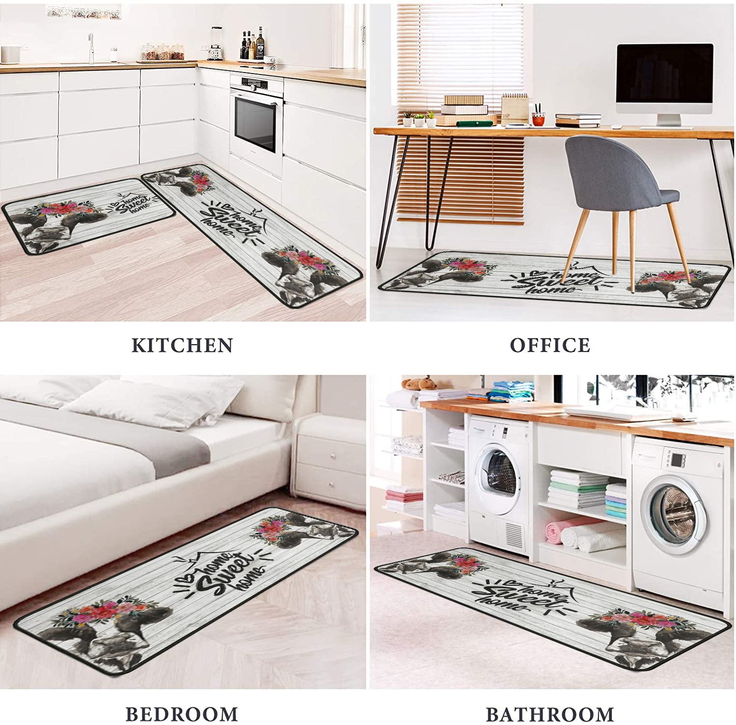 Farmhouse Cow Kitchen Rugs and Mats Set of 2 Pieces,Home Sweet Home Kitchen Mat Non Slip Absorbent Mats for Sink Waterproof Runner Rug for Laundry Room17 x48