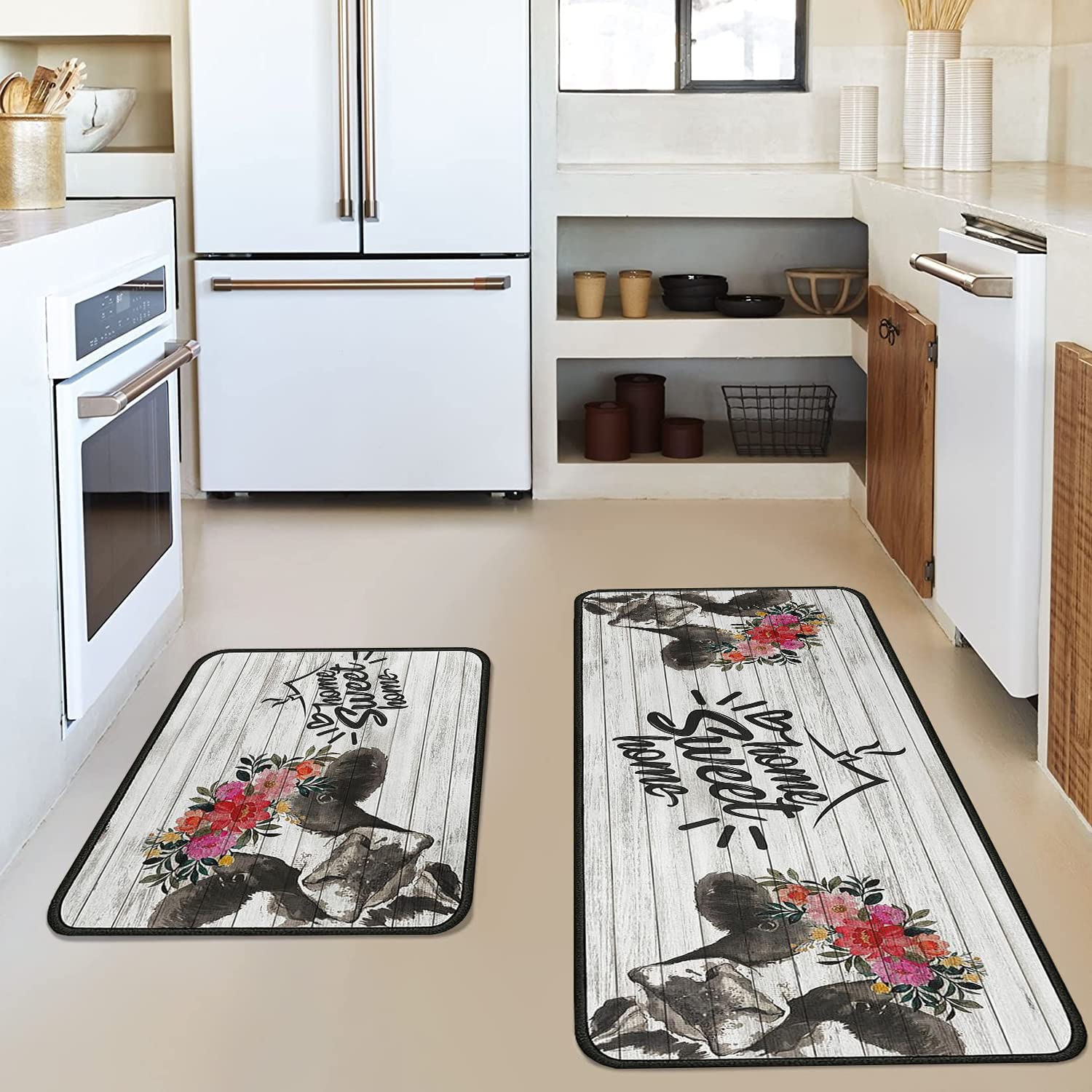 Farmhouse Cow Kitchen Rugs and Mats Set of 2 Pieces,Home Sweet Home Kitchen Mat Non Slip Absorbent Mats for Sink Waterproof Runner Rug for Laundry Room17 x48