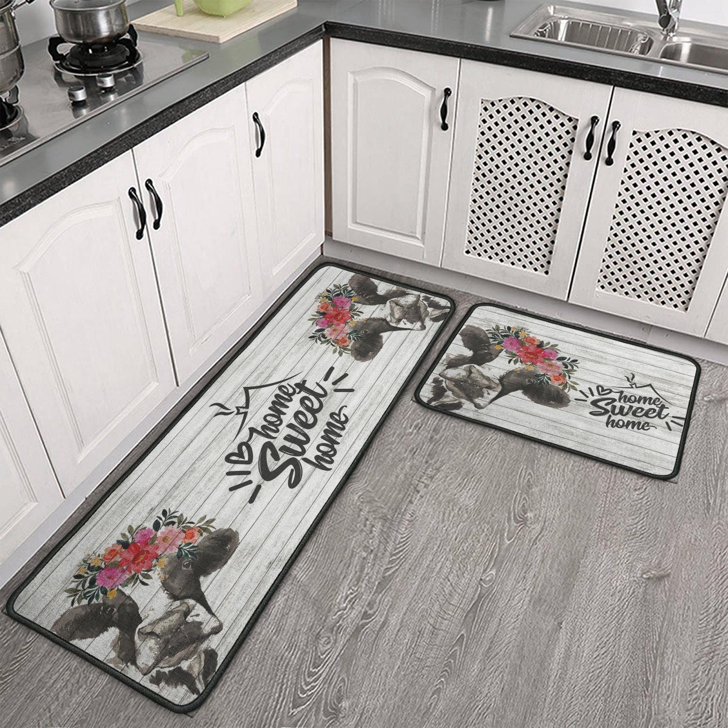 Farmhouse Cow Kitchen Rugs and Mats Set of 2 Pieces,Home Sweet Home Kitchen Mat Non Slip Absorbent Mats for Sink Waterproof Runner Rug for Laundry Room17 x48