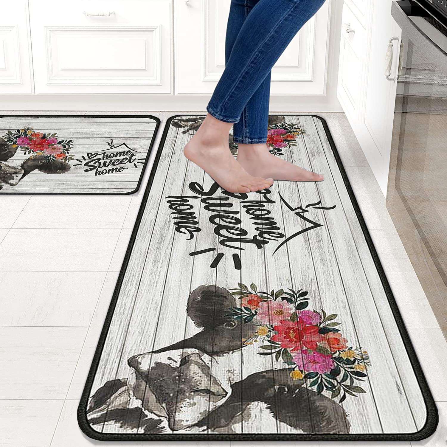 Farmhouse Cow Kitchen Rugs and Mats Set of 2 Pieces,Home Sweet Home Kitchen Mat Non Slip Absorbent Mats for Sink Waterproof Runner Rug for Laundry Room17 x48