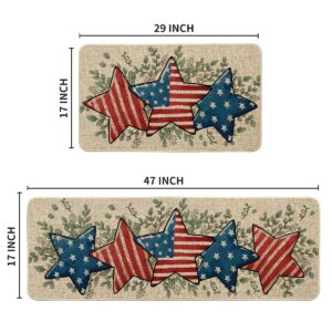 Artoid Mode American Flag Stars Eucalyptus Patriotic 4th of July Kitchen Mats Set of 2, Home Decor Kitchen Rugs for Floor - 17x29 and 17x47 Inch